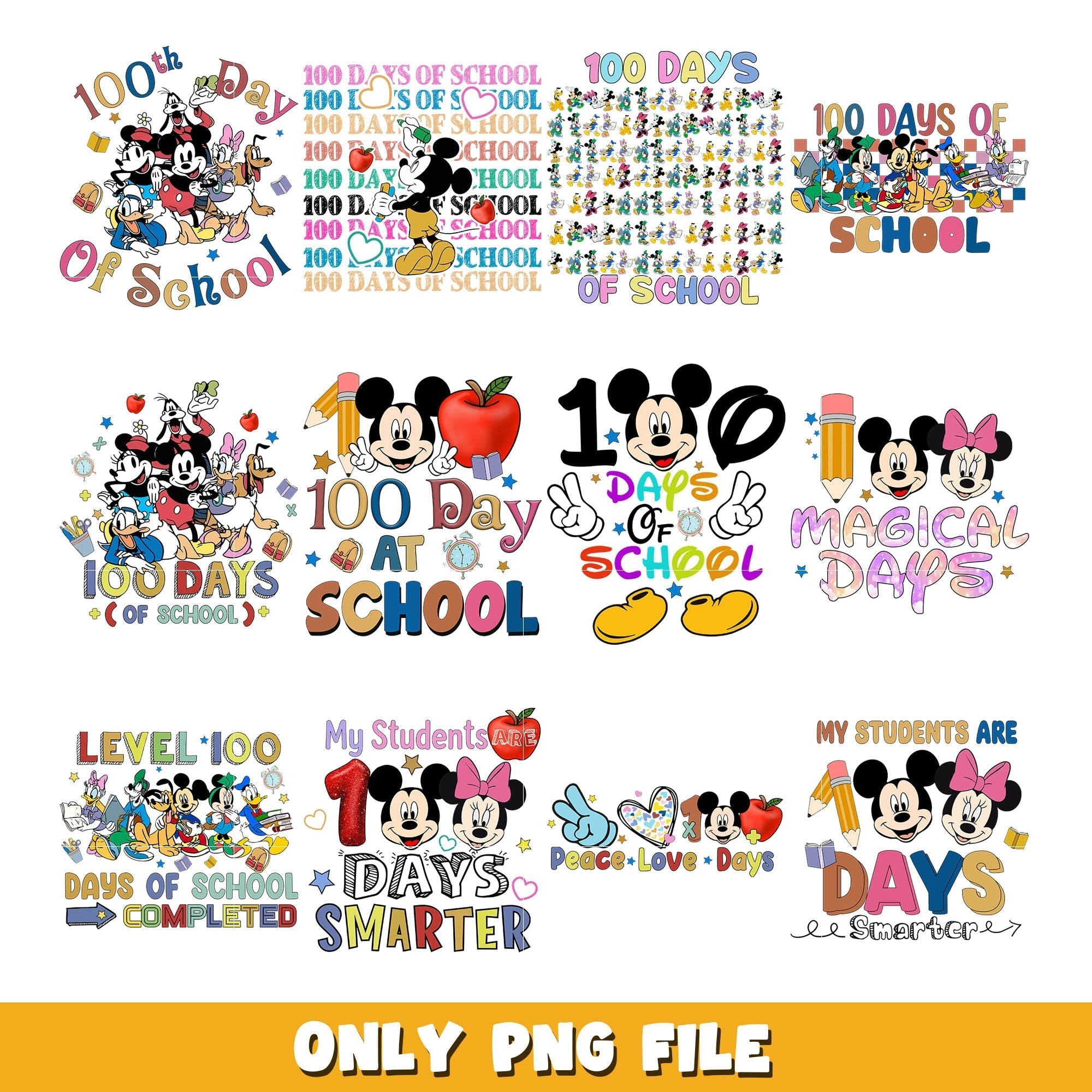 Mickey mouse 100 day of school png bundle, Disney school png, disney p