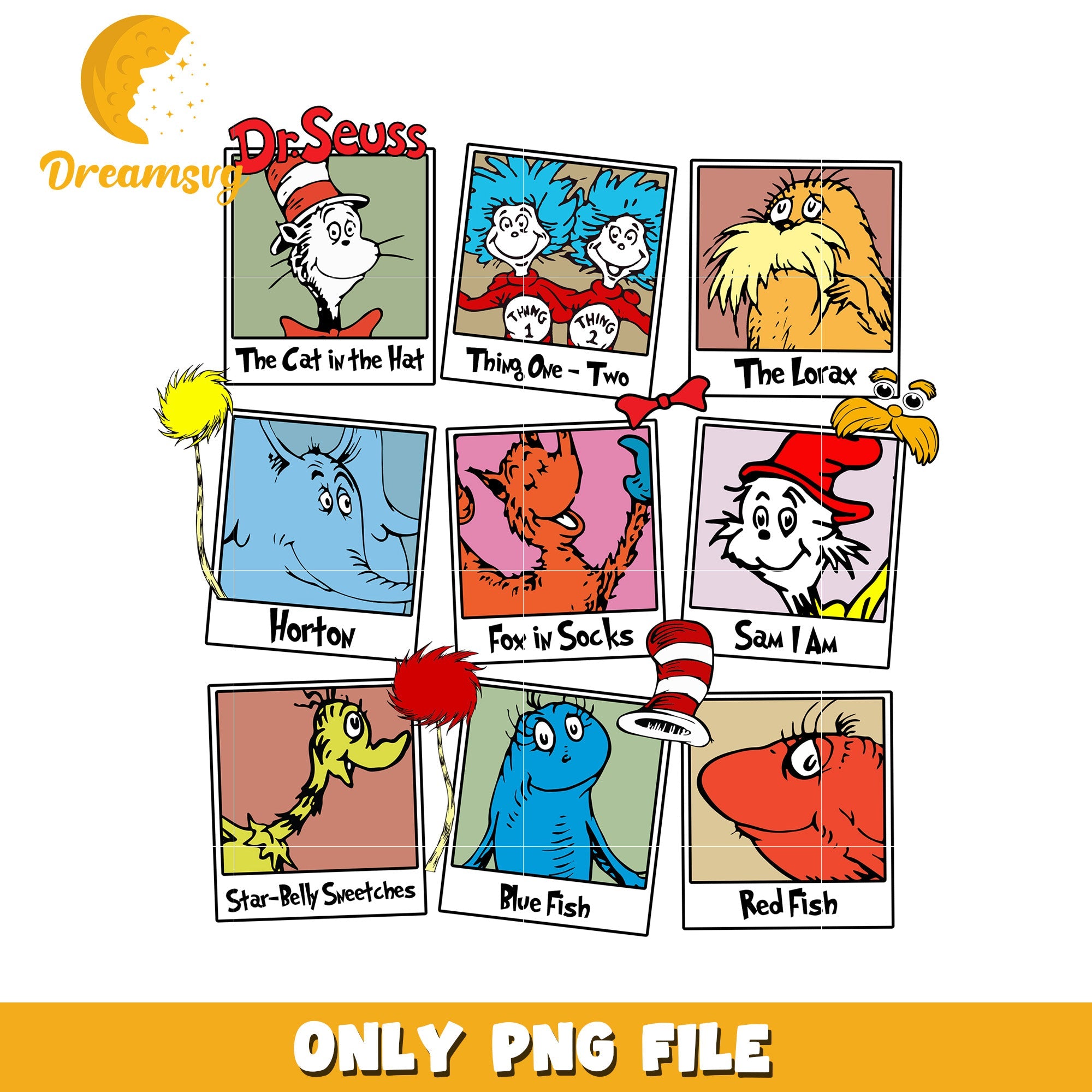 Dr Seuss Character Collage PNG Art for Kids Decor