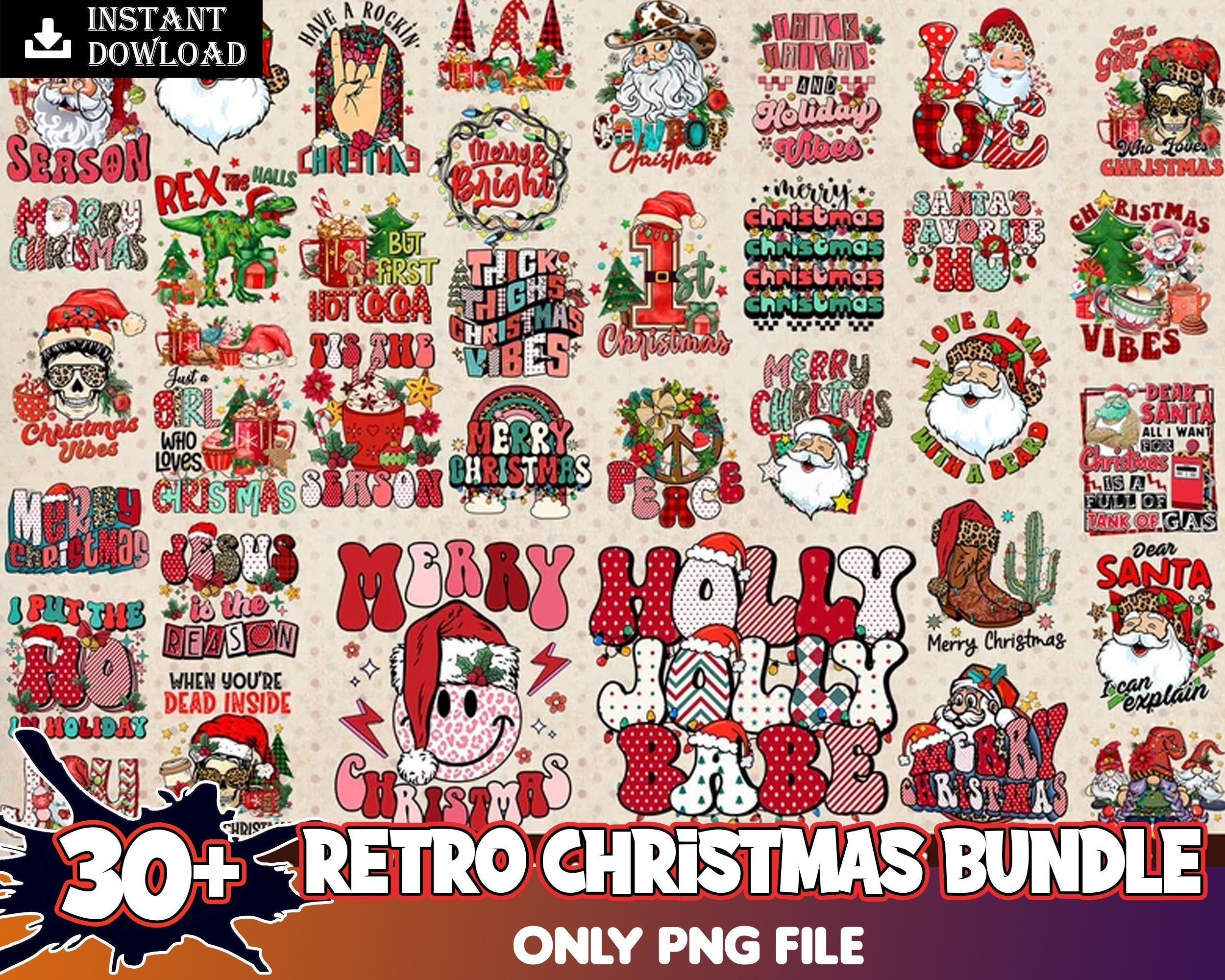 30+ Retro Christmas bundle, Christmas digital bundle, Designs bundle i