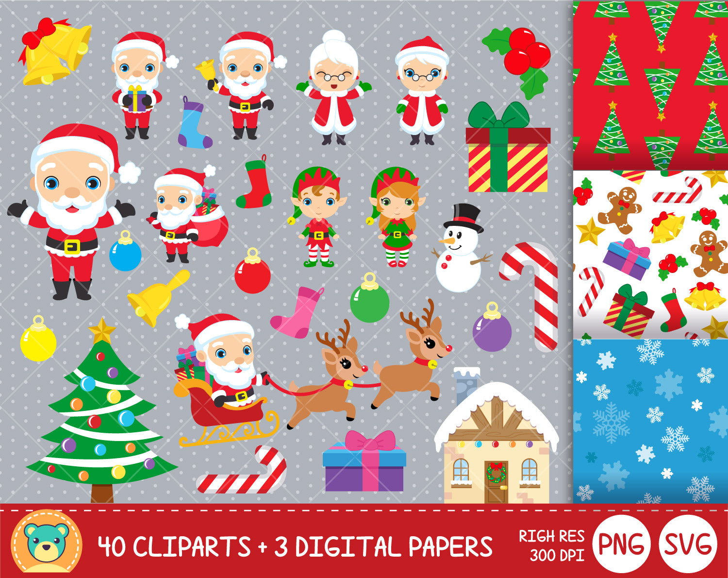 Cute Christmas clipart set, Digital clip art for decoration, scrapbook