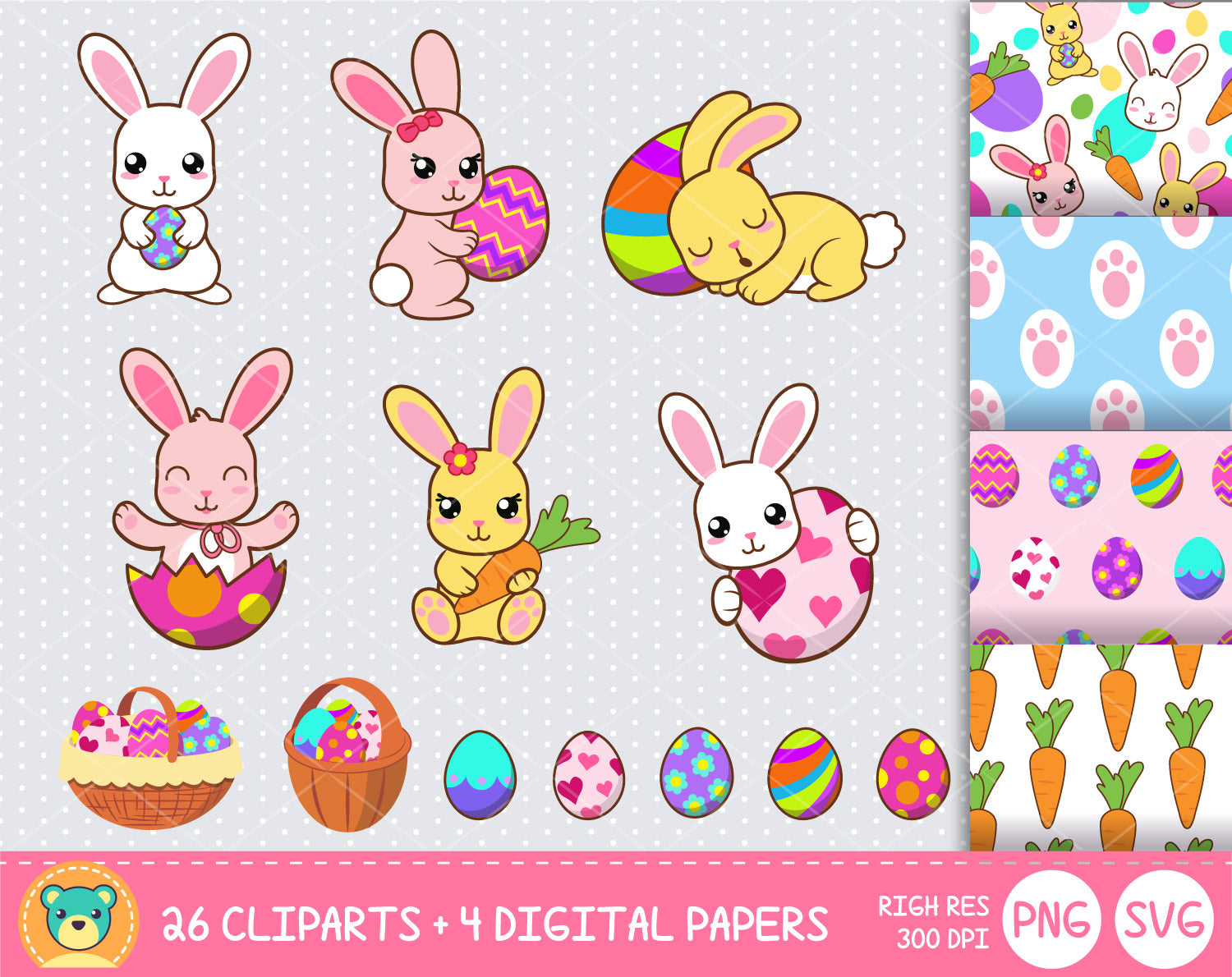 Cute Easter Bunny clipart set, Digital clip art for decoration, scrapb