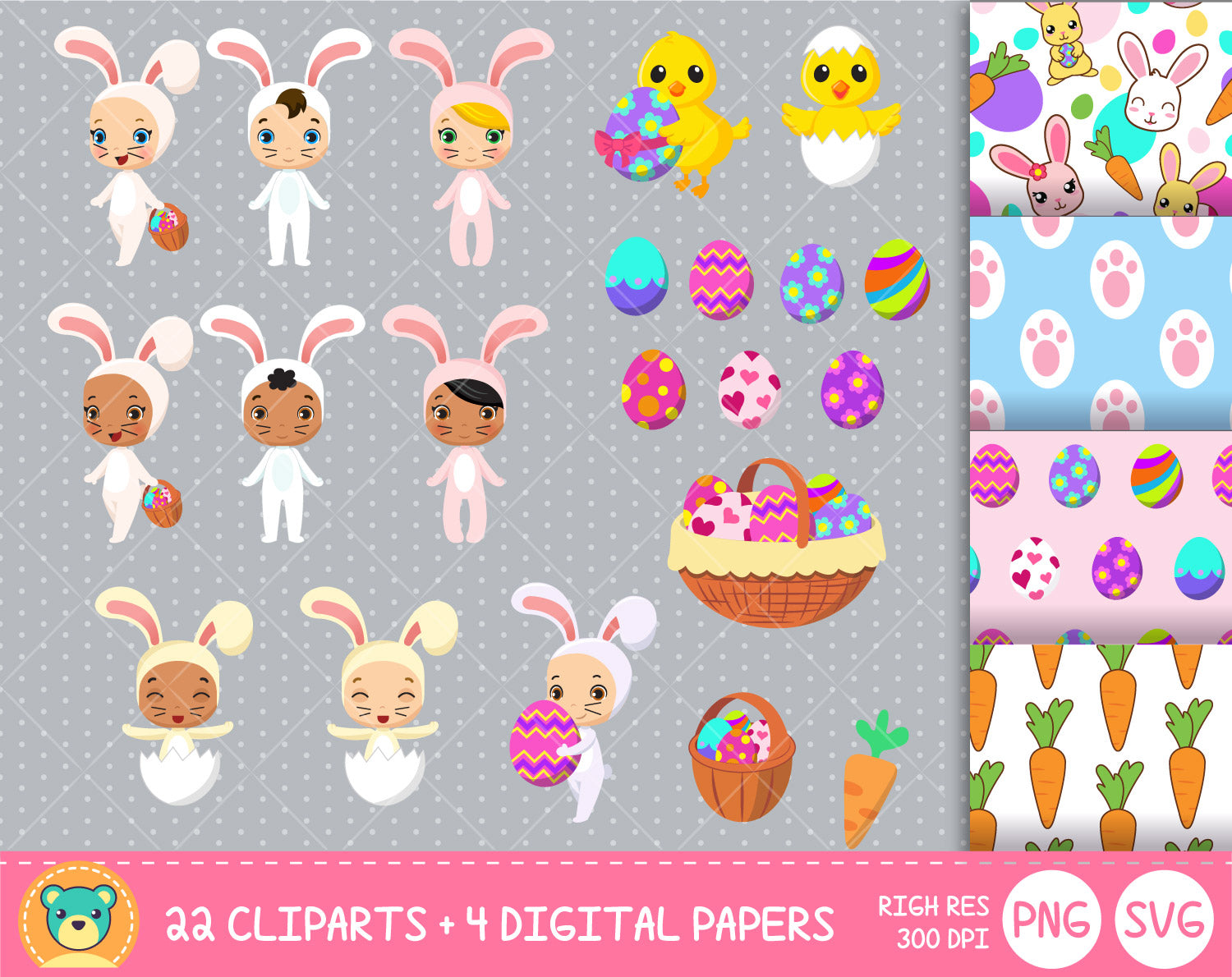 Cute Easter Kids clipart set, Digital clip art for decoration, scrapbo