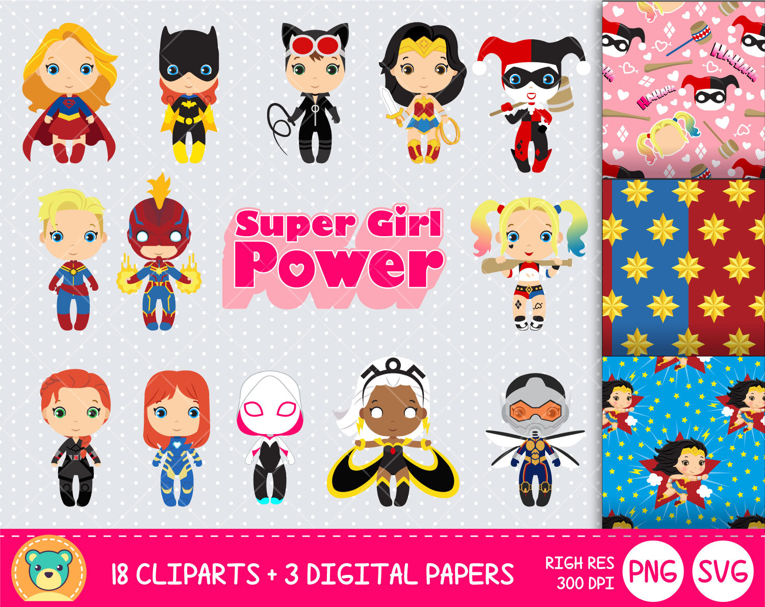 Cute Super Girls clipart set, Superheroines clip art for decoration, s