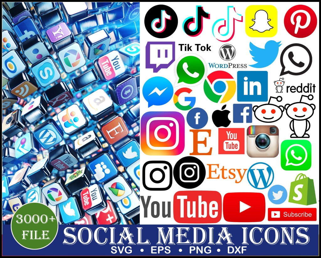 3000+ Social media icon svg, png, eps, dxf, pdf bundle for cricut and