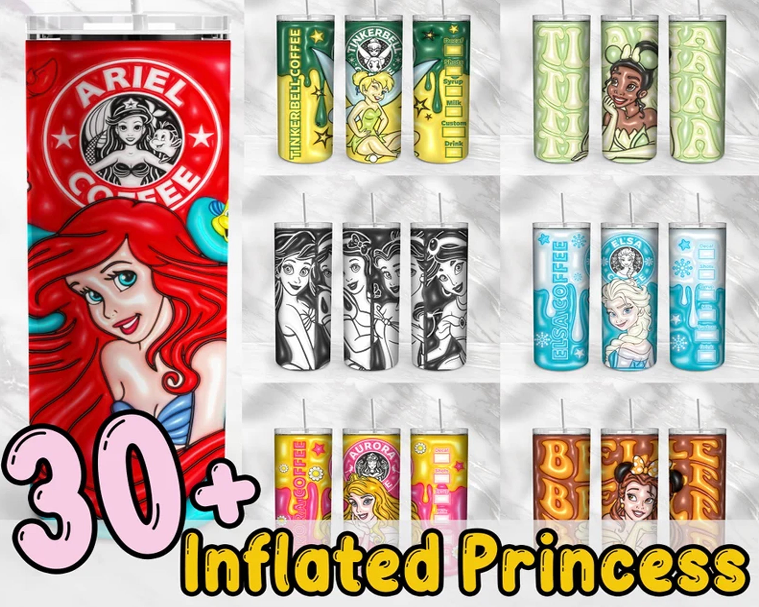 30+ Disney princess Inflated for 20oz Skinny Tumbler - Instant downloa