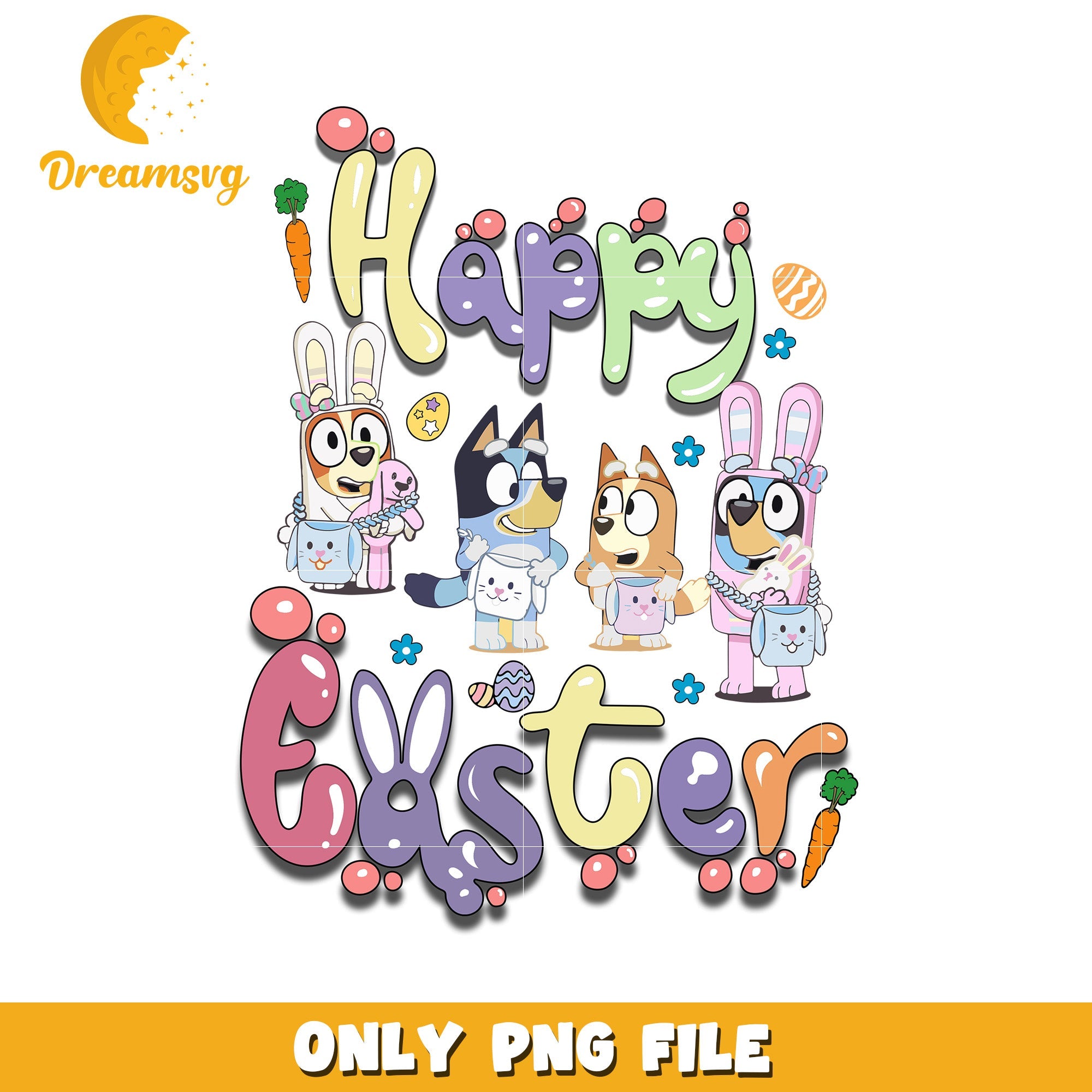 Bluey and friends happy easter day png, easter eggs png, bluey png