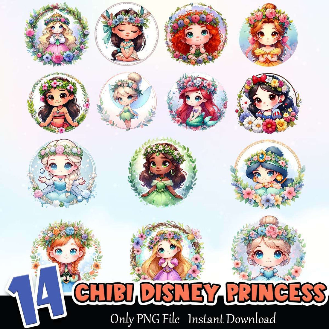Chibi Disney Princess Bundle PNG Instant Download – Printy Studio
