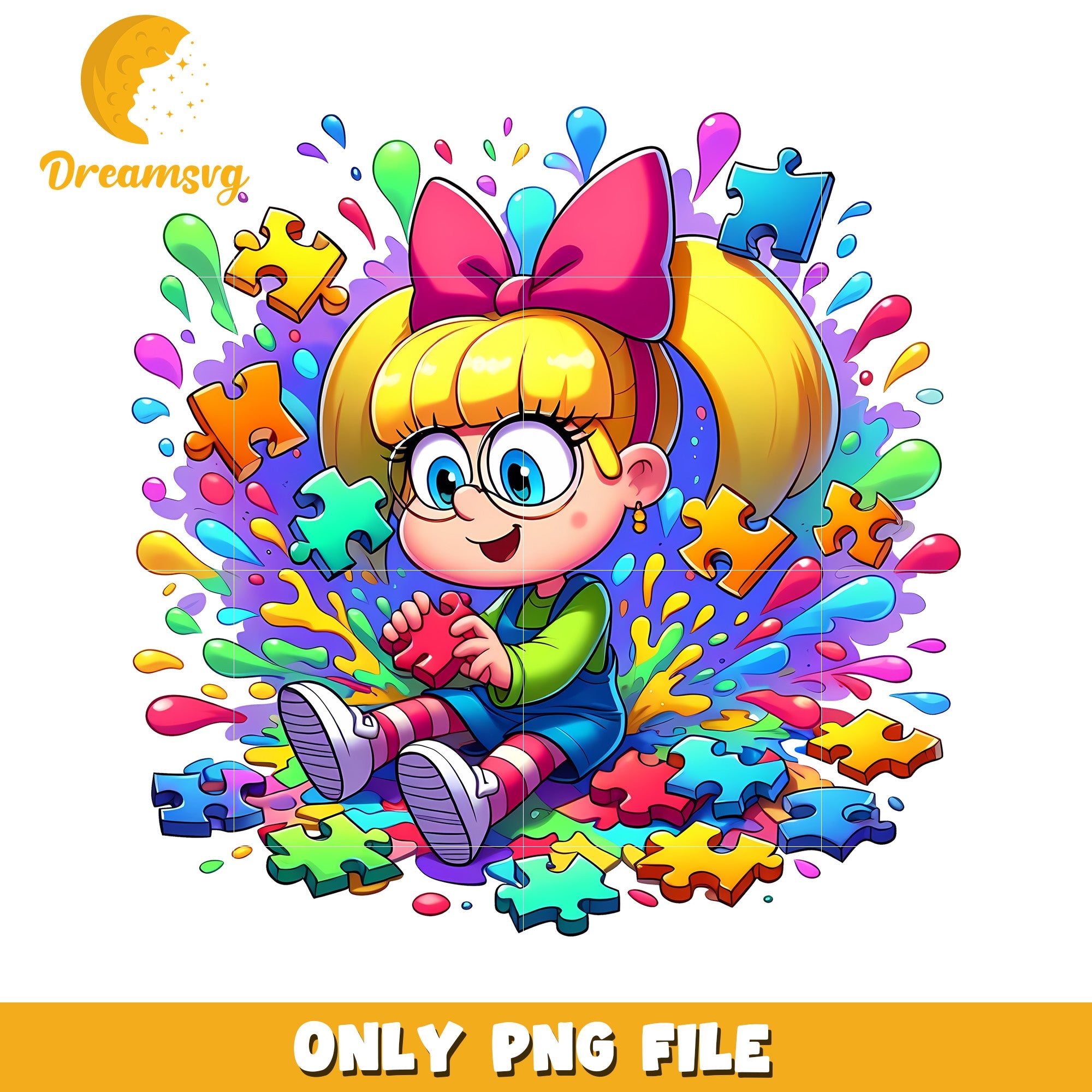Colorful Cartoon Girl Playing with Puzzle Pieces PNG Image