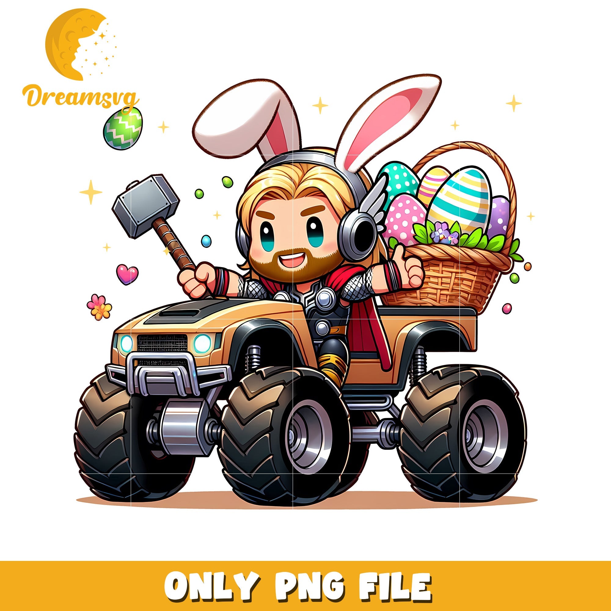 Cute Bunny Thor Driving an Easter Monster Truck PNG