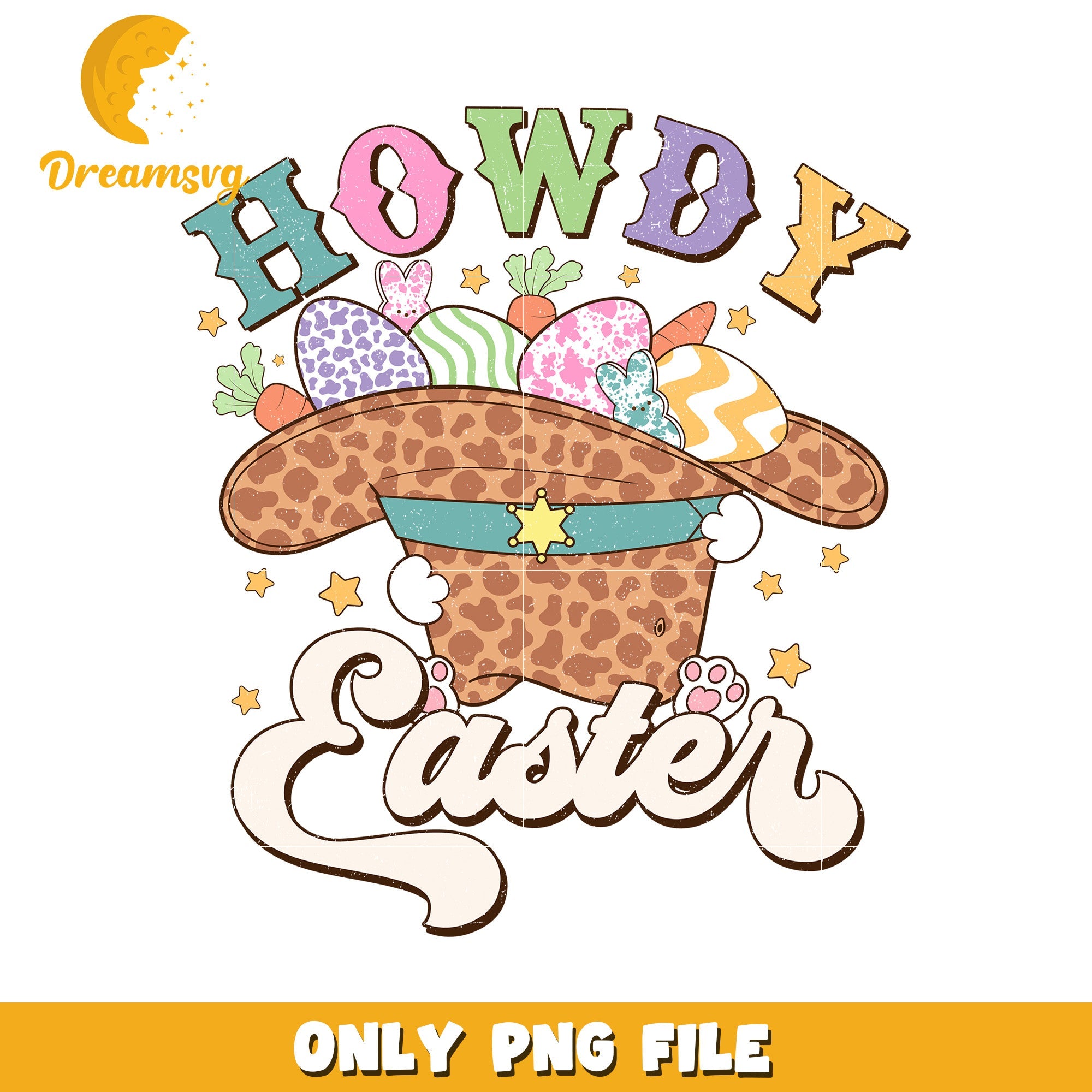 Cute Howdy Easter Design with Colorful Eggs and Hat PNG