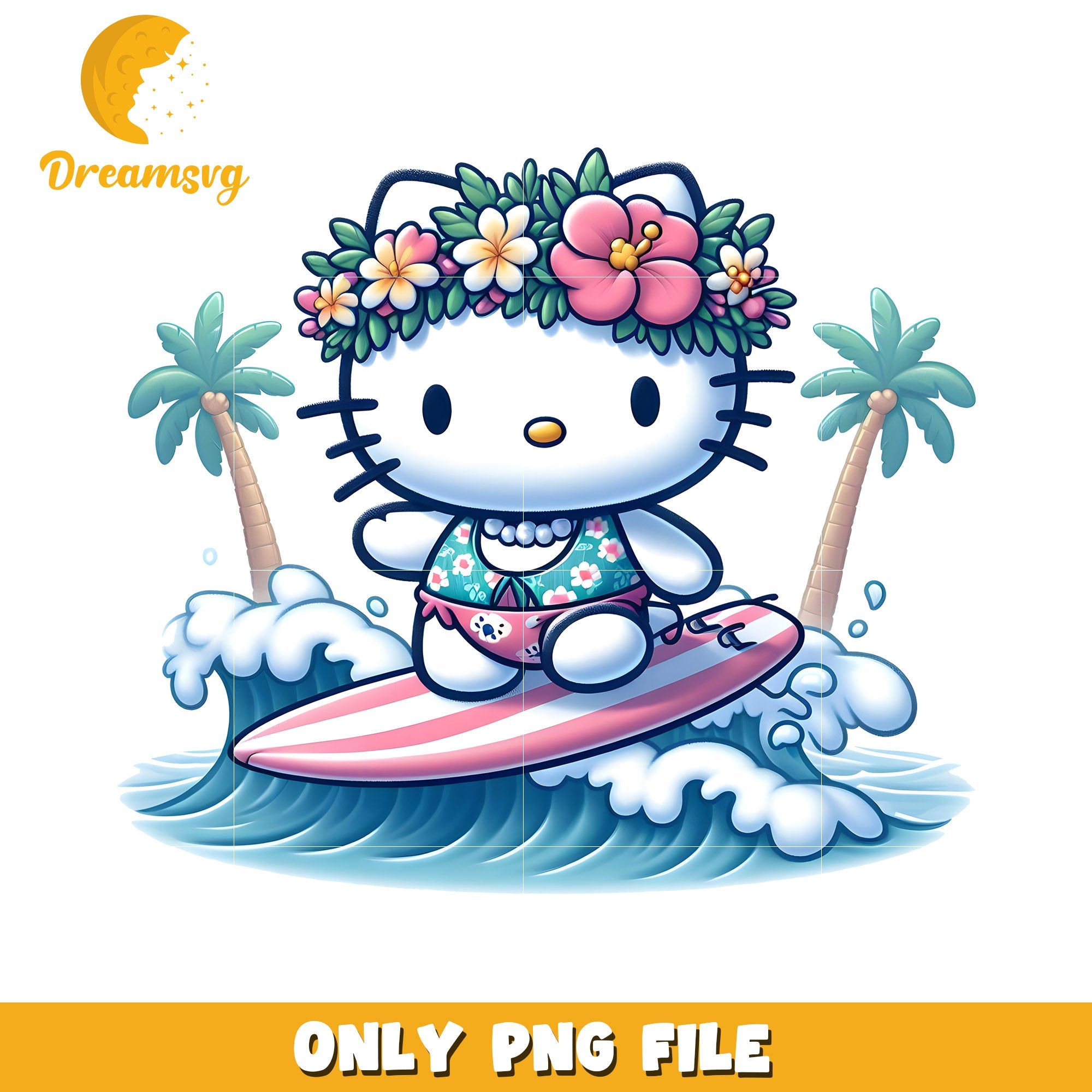 Cute Surfing Hello Kitty PNG File for Summer Designs