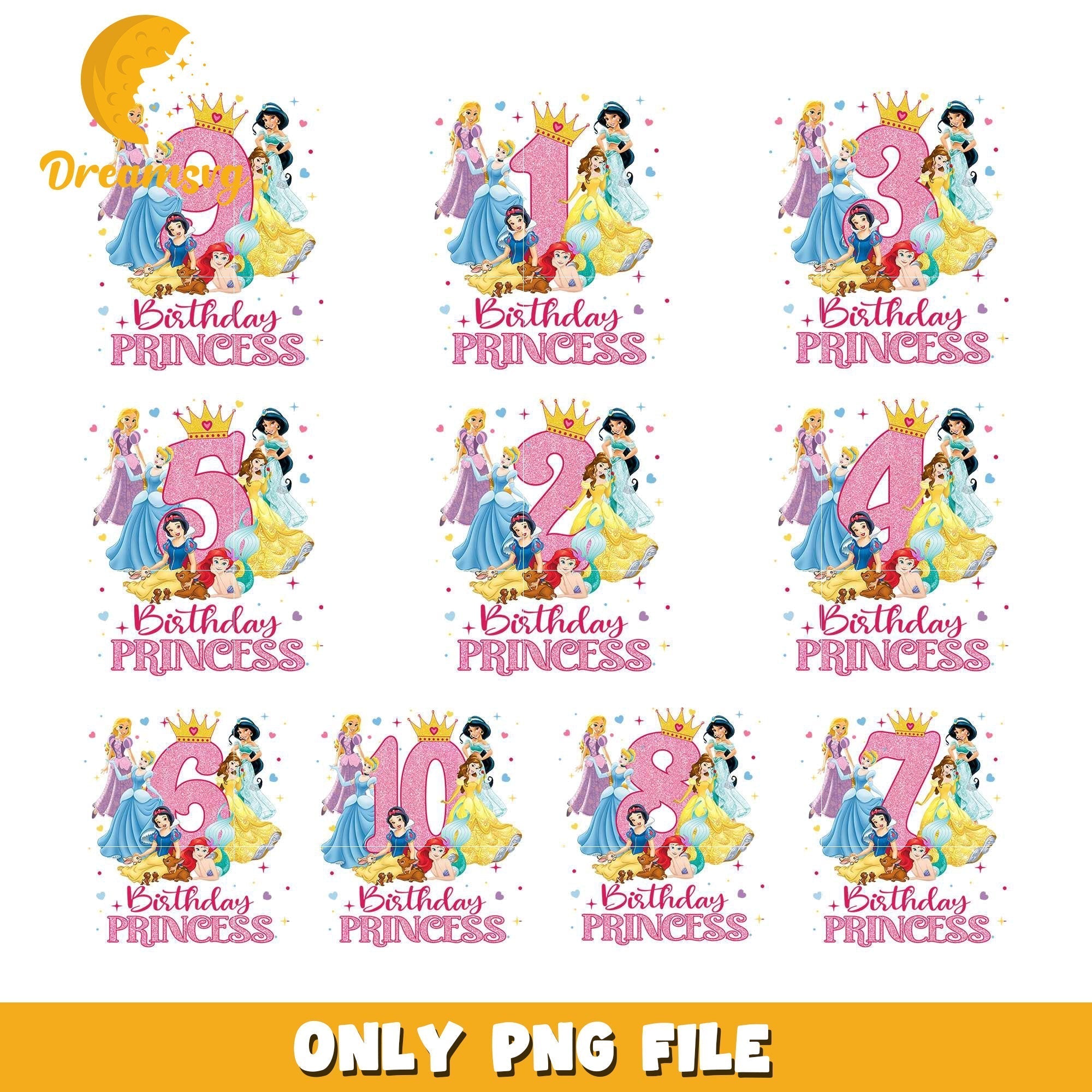 Birthday princess number design bundle png, disney princess birthday p