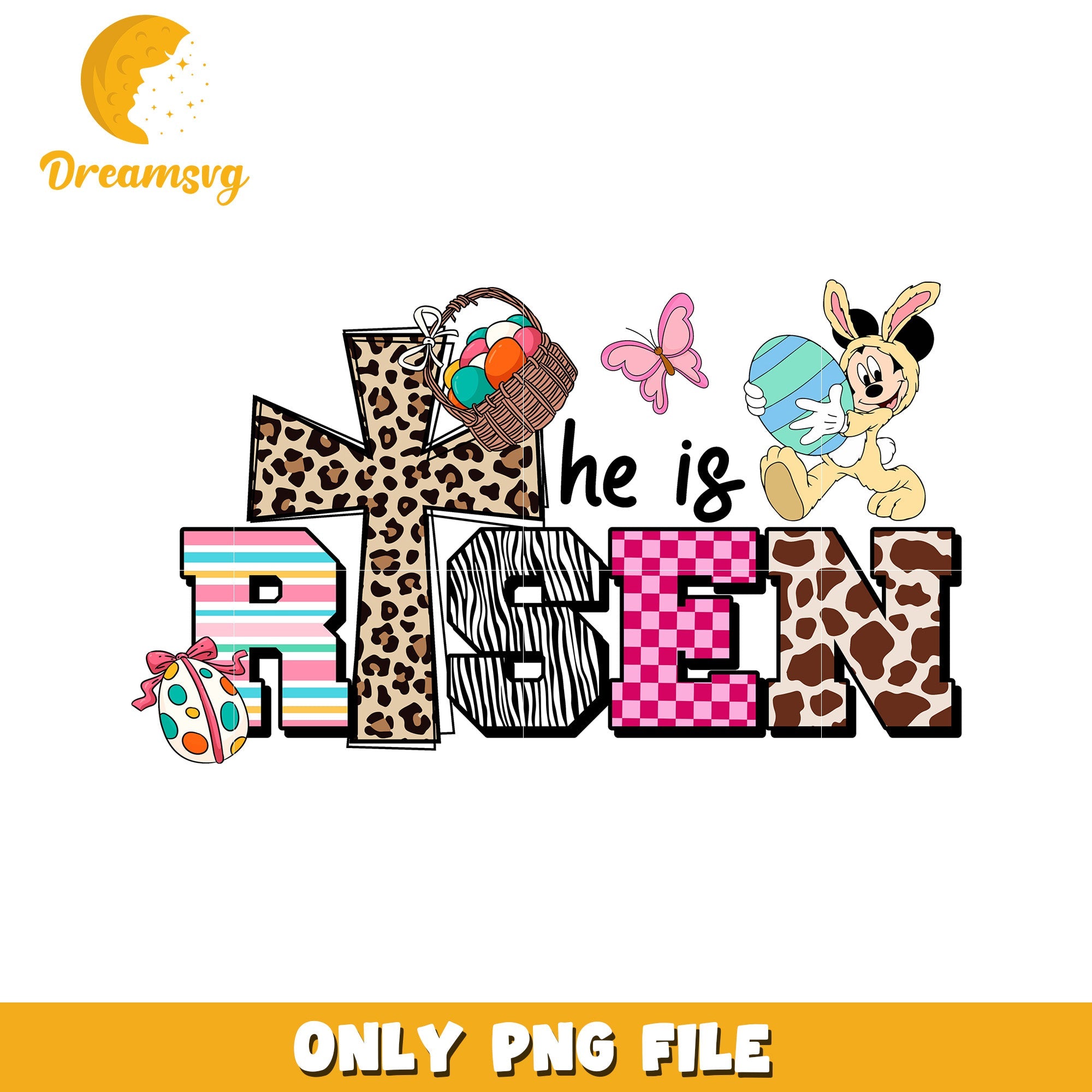 Easter He is Risen Cute Cross Design with Bunny PNG Art – Printy Studio
