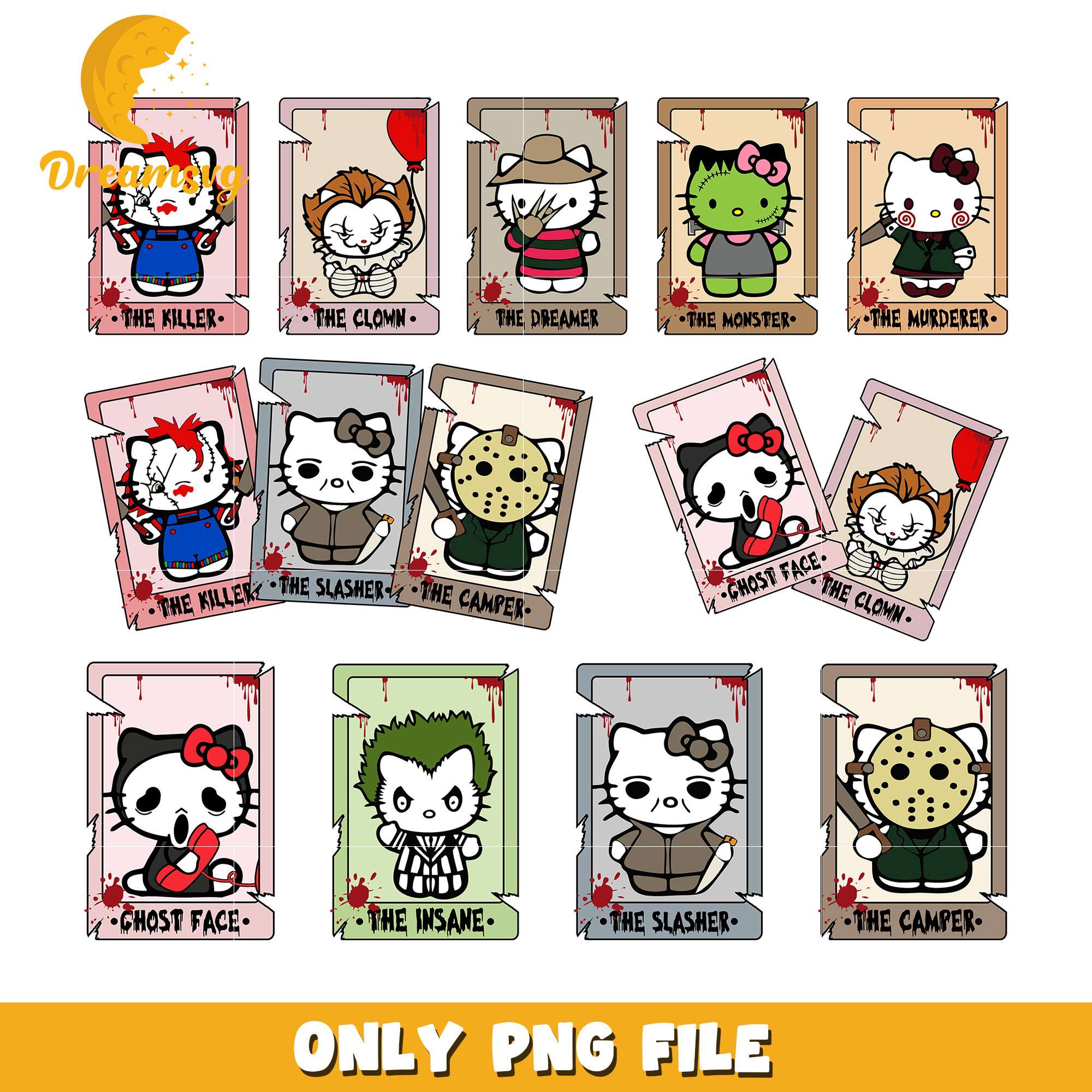 Kitty horror characters halloween bundle png, horror hello kitty png