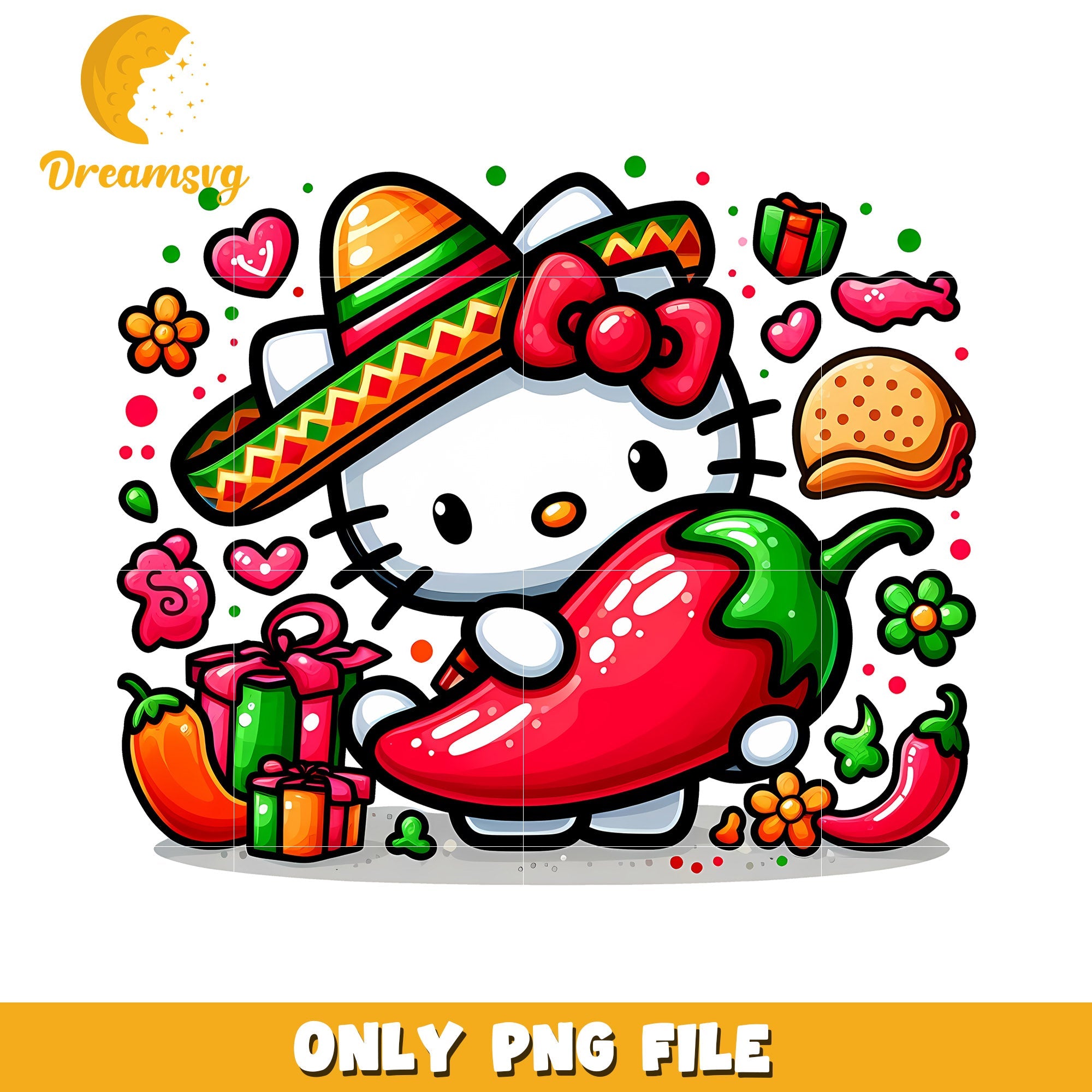 Hello Kitty Mexican Theme PNG File with Chili and Gifts