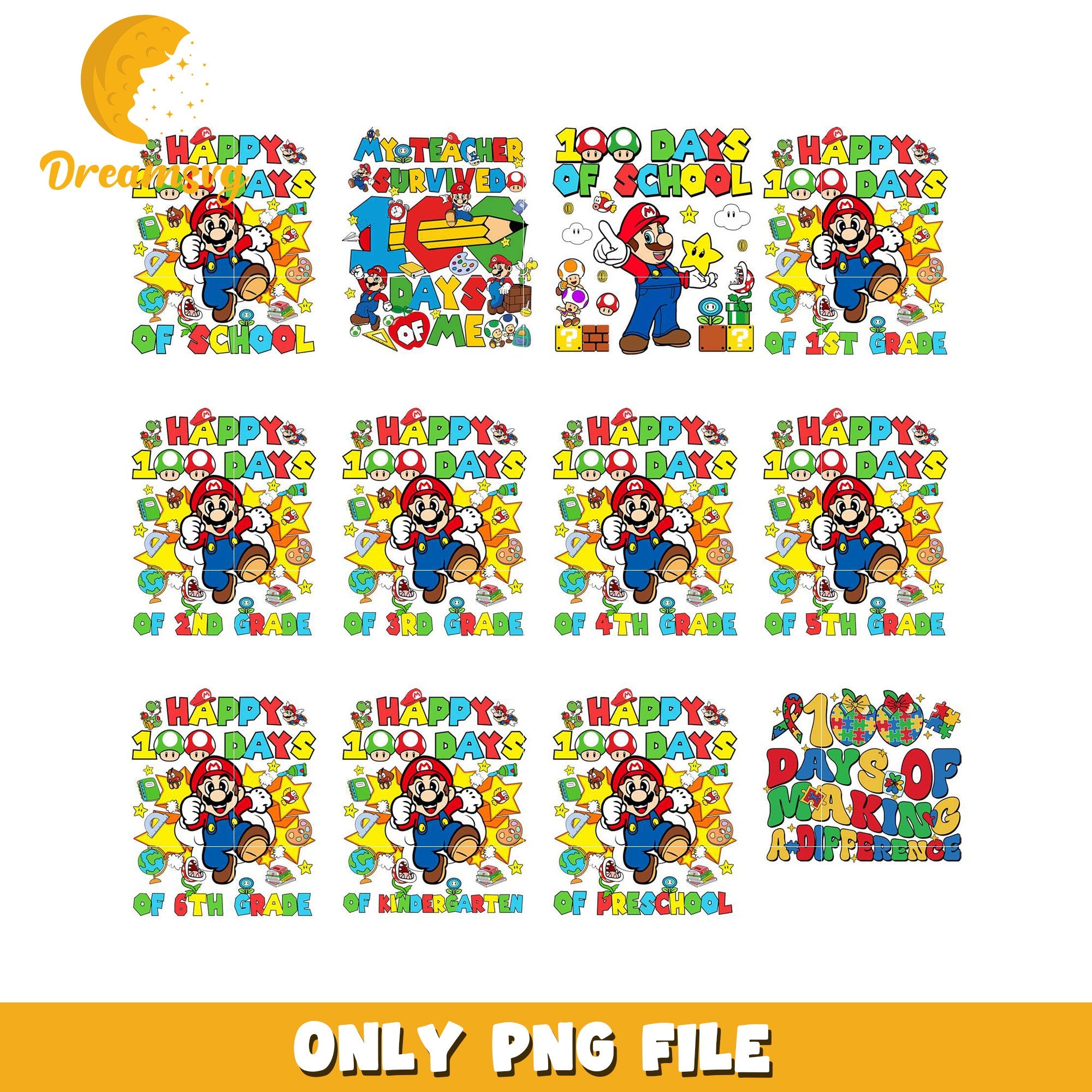 Mario 100 Days School Bundle PNG – Printy Studio