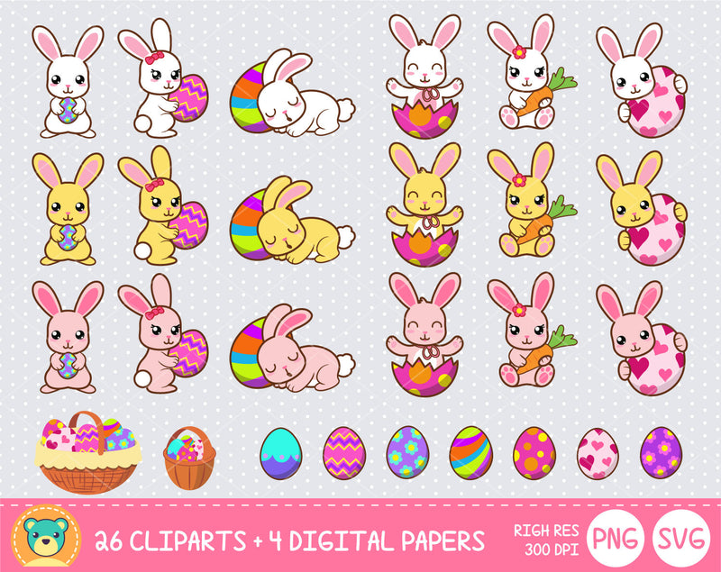 Cute Easter Bunny clipart set, Digital clip art for decoration, scrapb