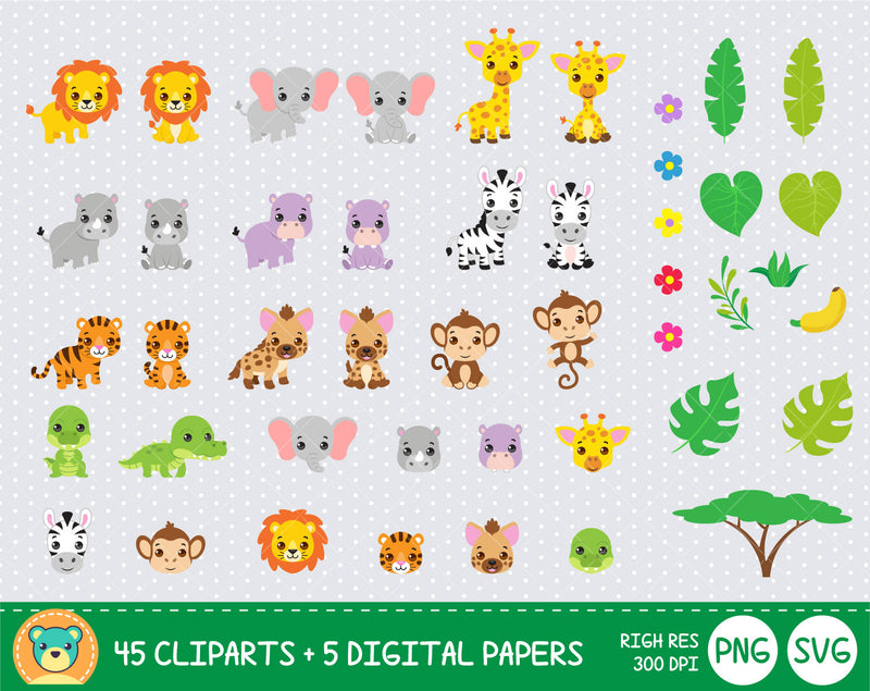 Cute Safari Animals clipart set, Digital clip art for decoration, scra