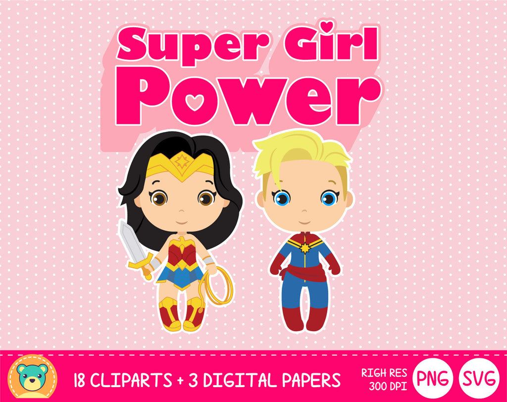Cute Super Girls clipart set, Superheroines clip art for decoration, s