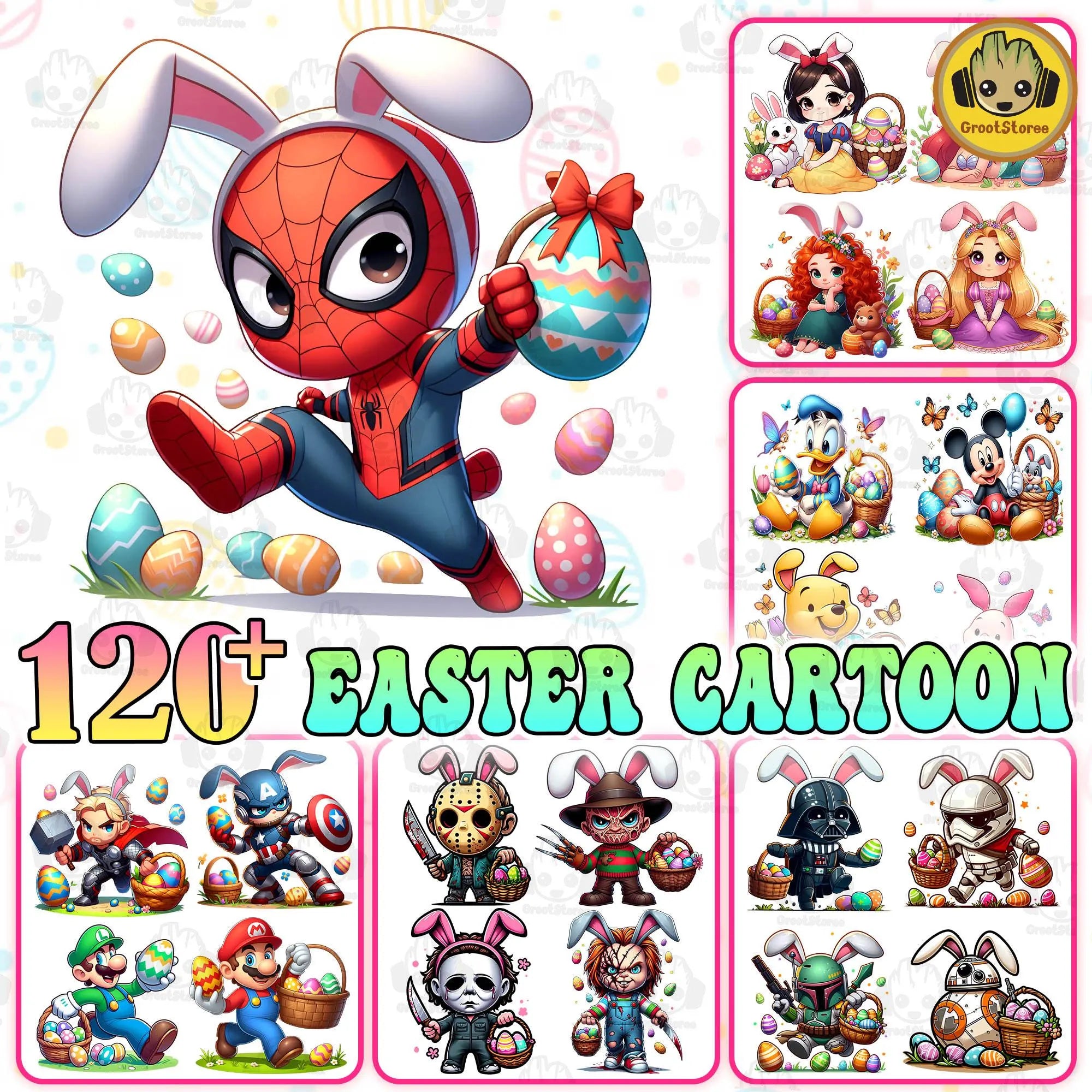 120+ Cartoon Easter Character Png Bundle, Happy Easter Day Png, Superh