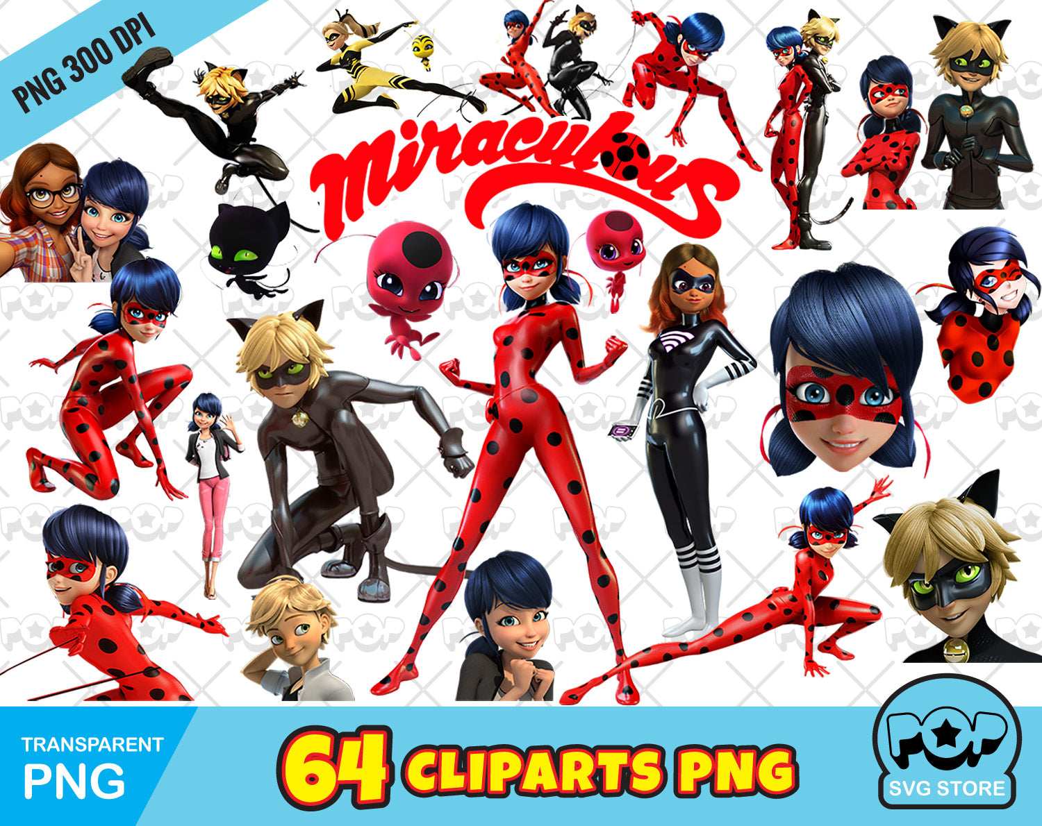 Miraculous Ladybug clipart bundle, transparent PNG, designs for decora