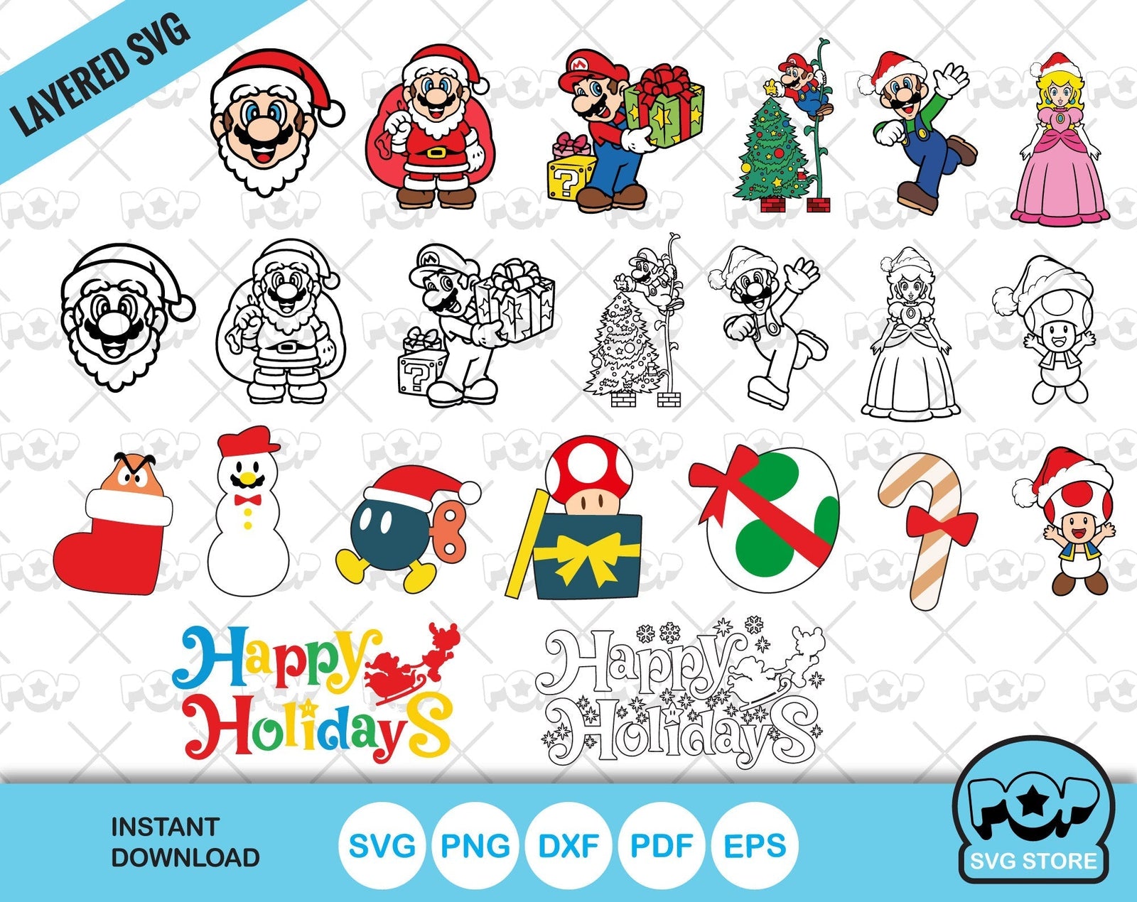 Super Mario Christmas clipart bundle, Mario Christmas SVG cut files fo